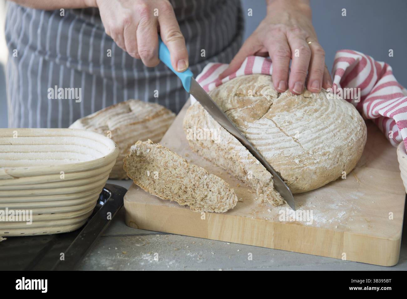 Senior woman cutting fresh baked rustic brown bread Stock Photo - Alamy