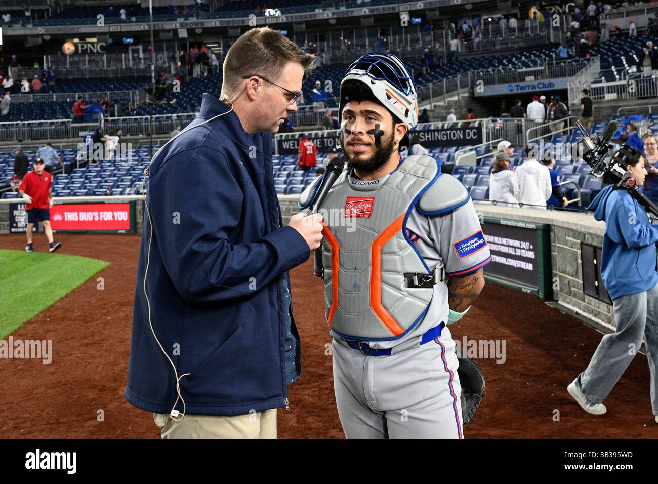 New York Mets catcher Francisco Alvarez, right, is interviewed after a ...