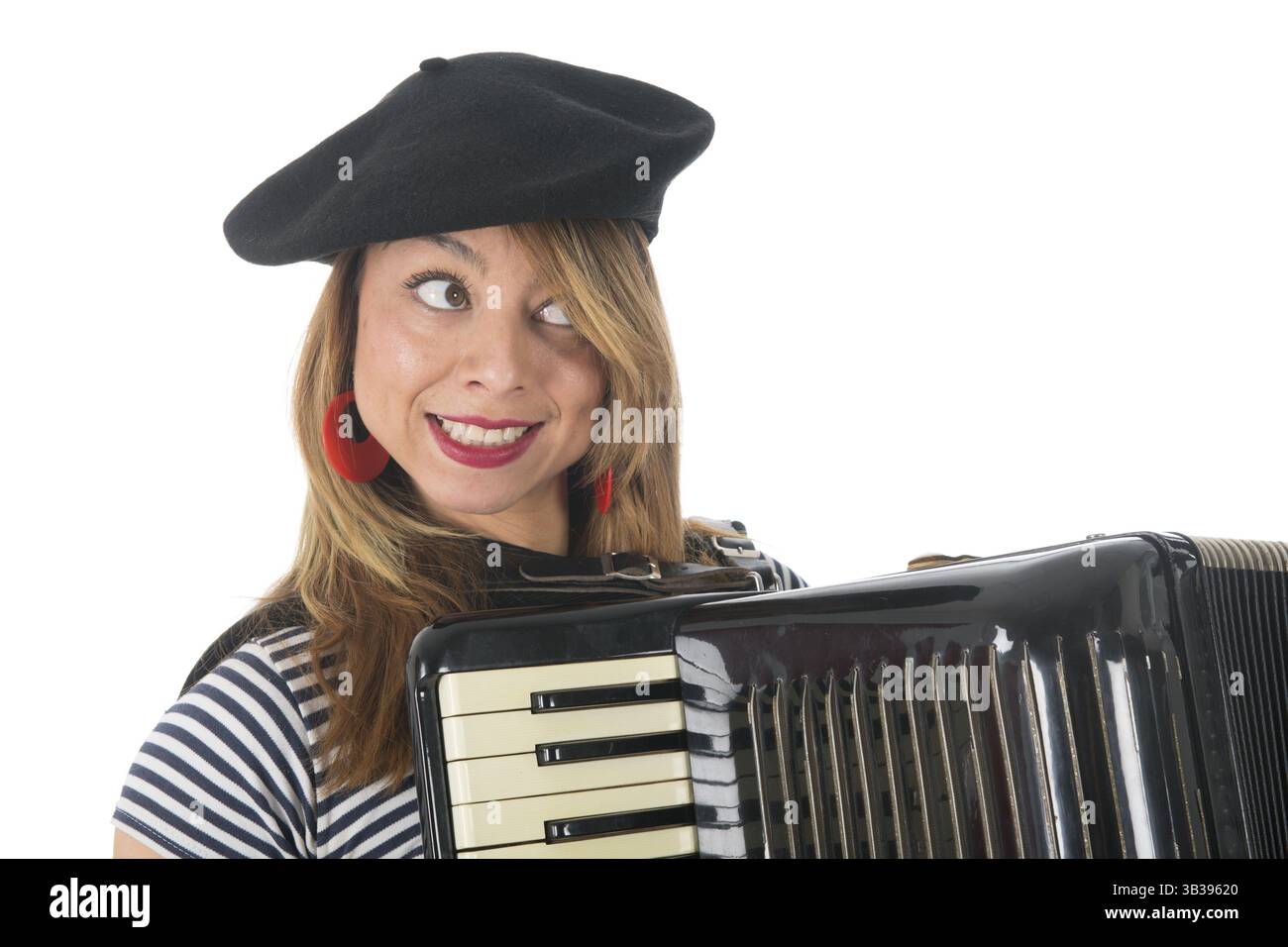 Portrait French girl making music with accordion instrument isolated ...