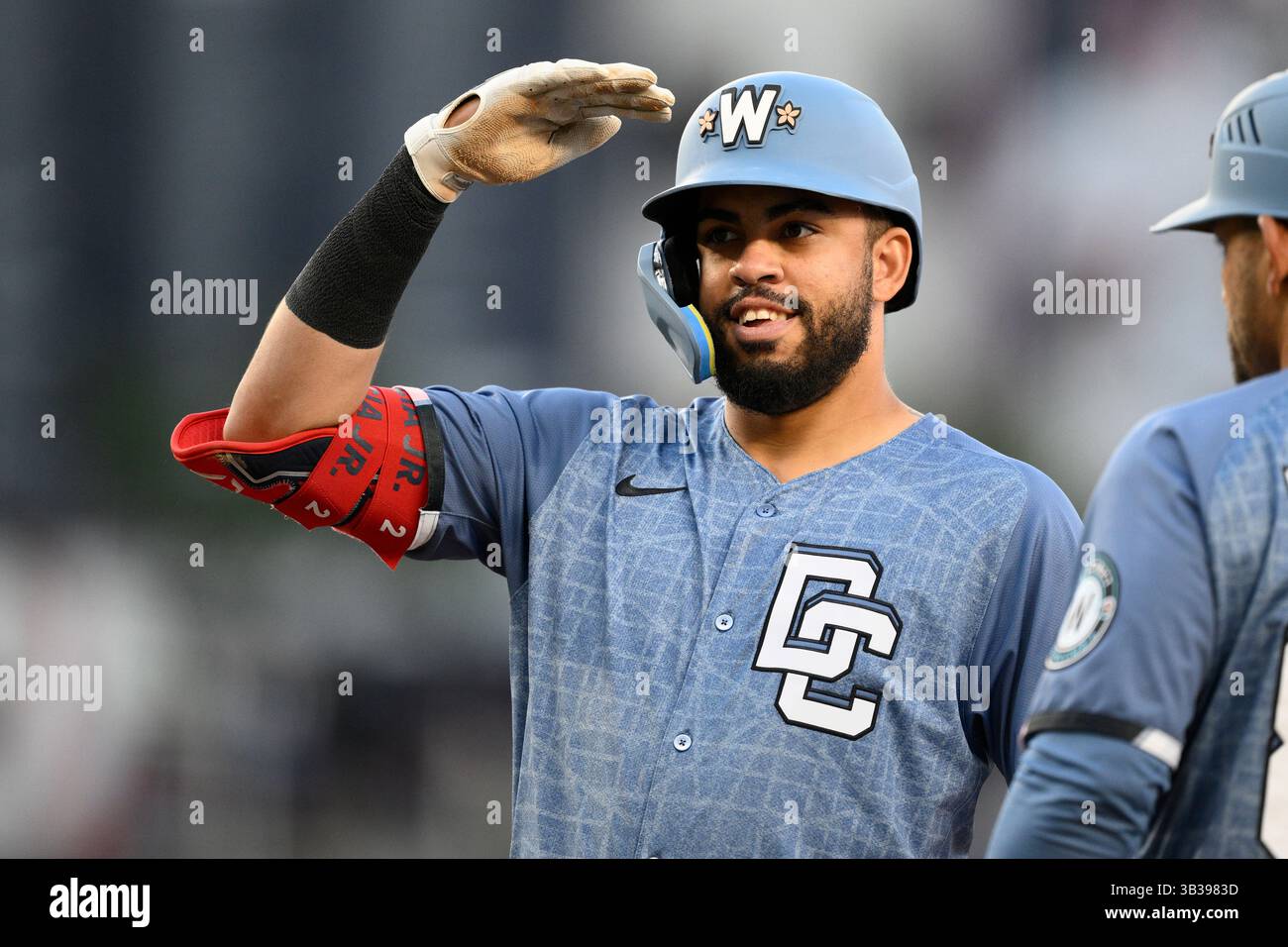 Washington Nationals' Luis Garcia Jr. gestures during a baseball game ...