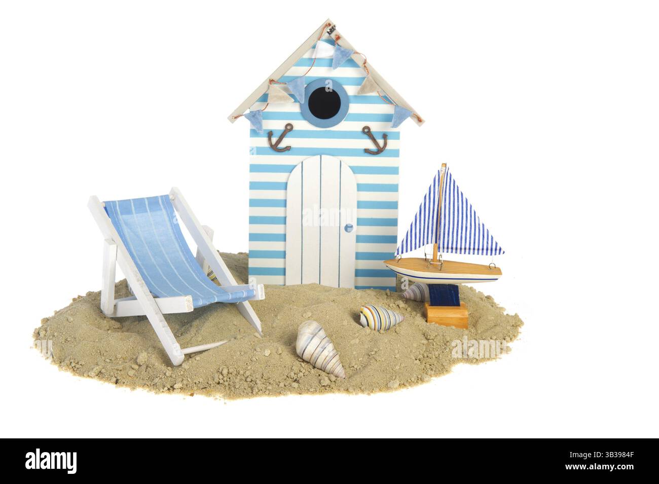Summer beach hut with sailing boat and chair in the sand Stock Photo ...
