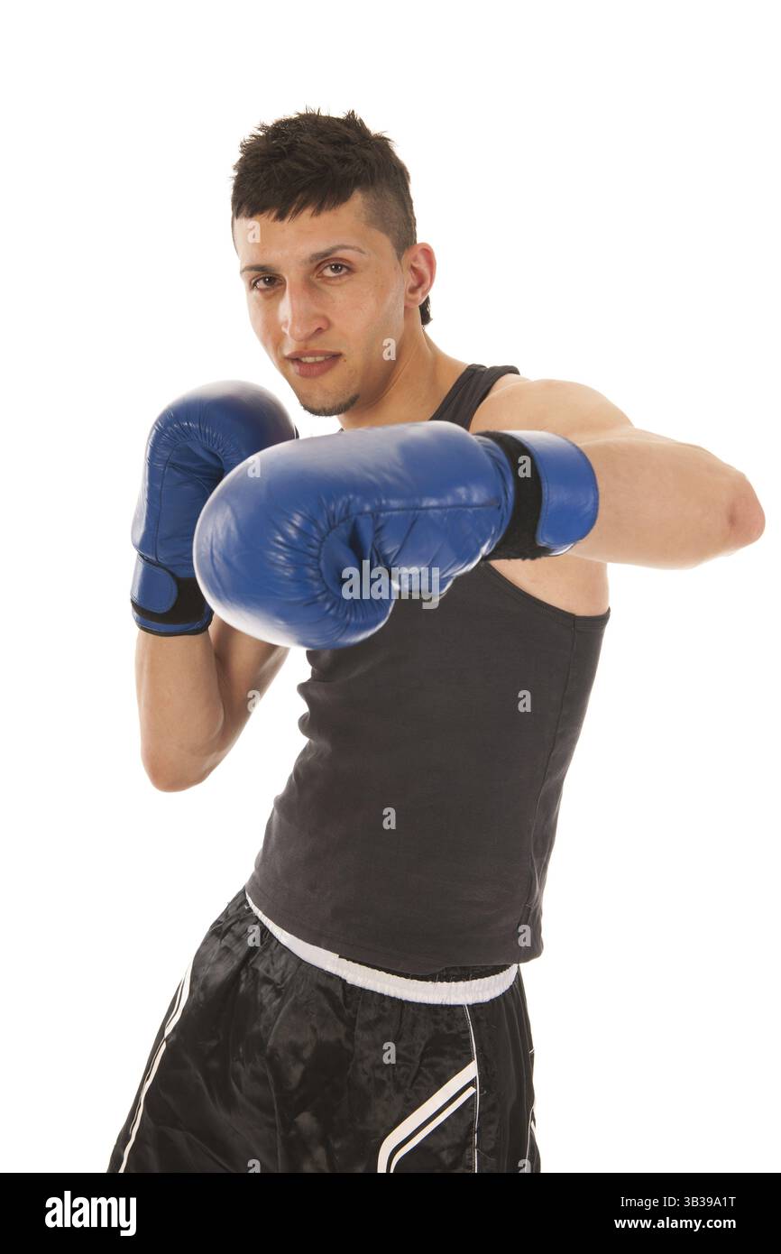 Boxing man with blue gloves isolated over white background Stock Photo ...