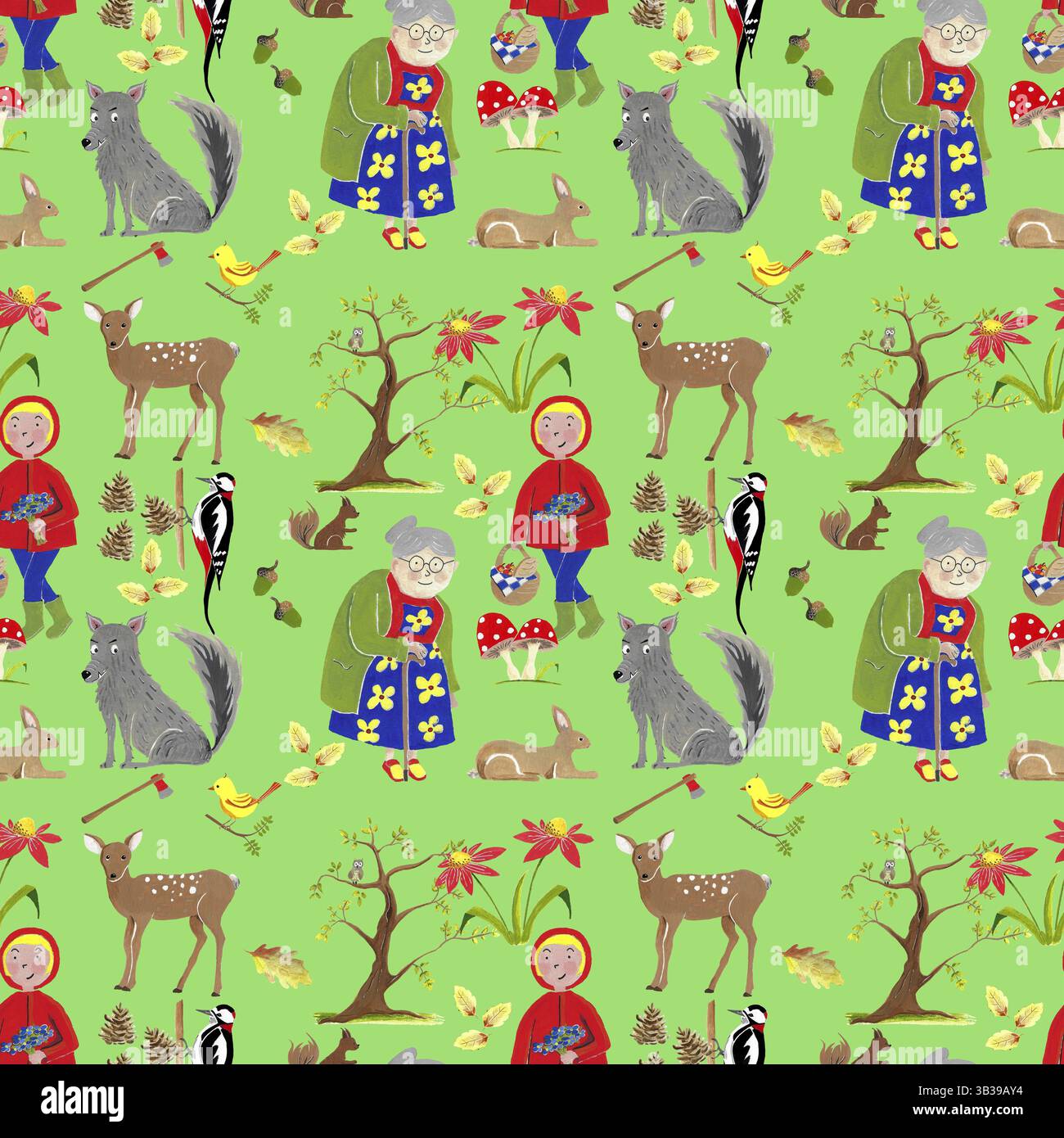 Seamless little red hood pattern on green background Stock Photo - Alamy