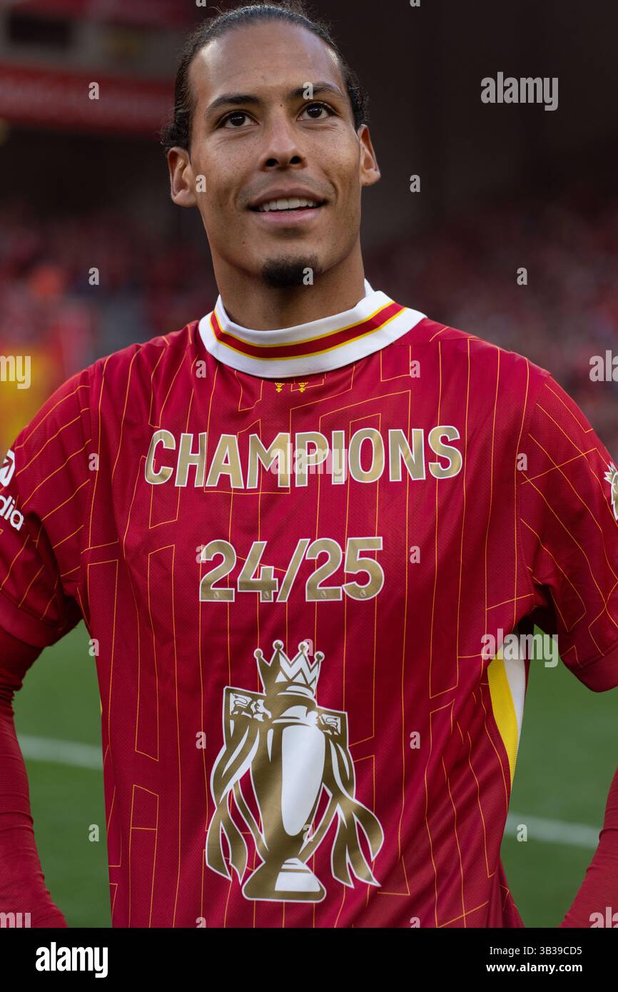 Liverpool's Virgil van Dijk celebrates winning the League after the ...