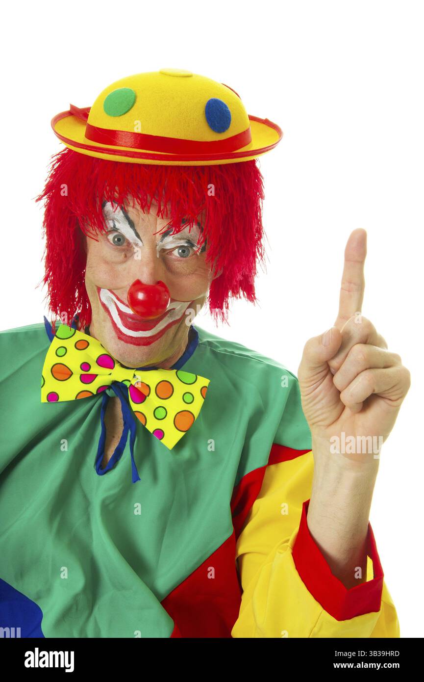 Funny clown portrait with finger up on white background Stock Photo - Alamy