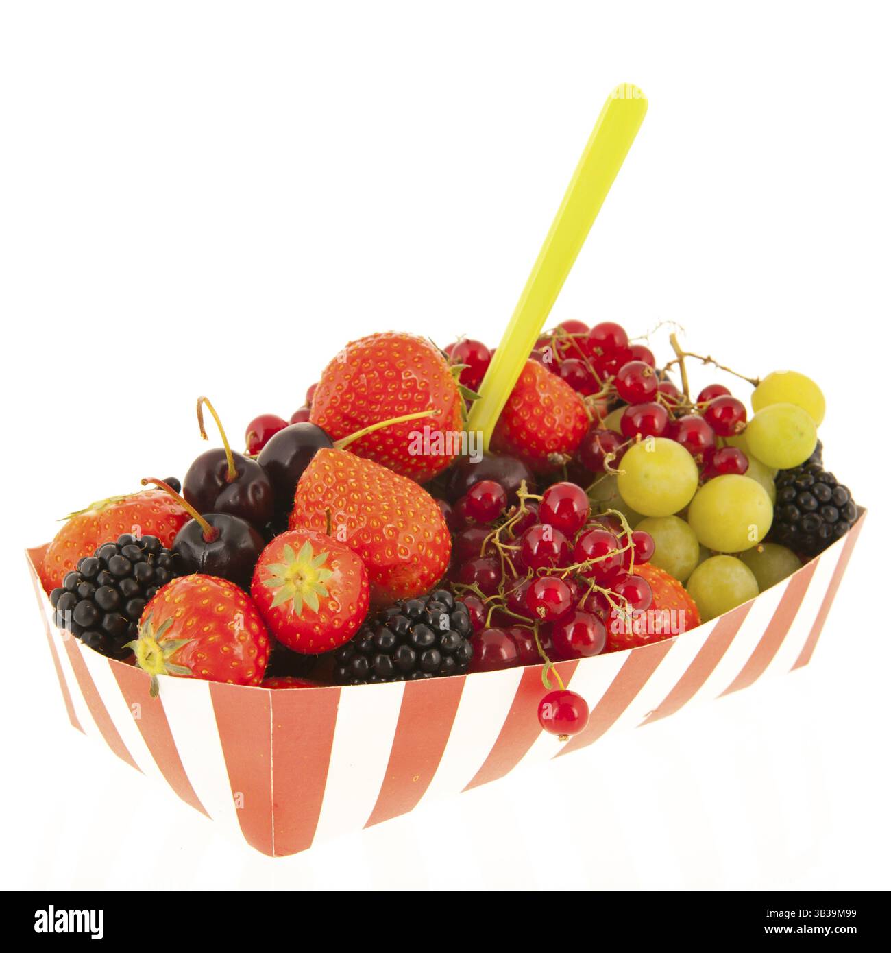 Red snack box with fresh summer fruit isolated over white background ...