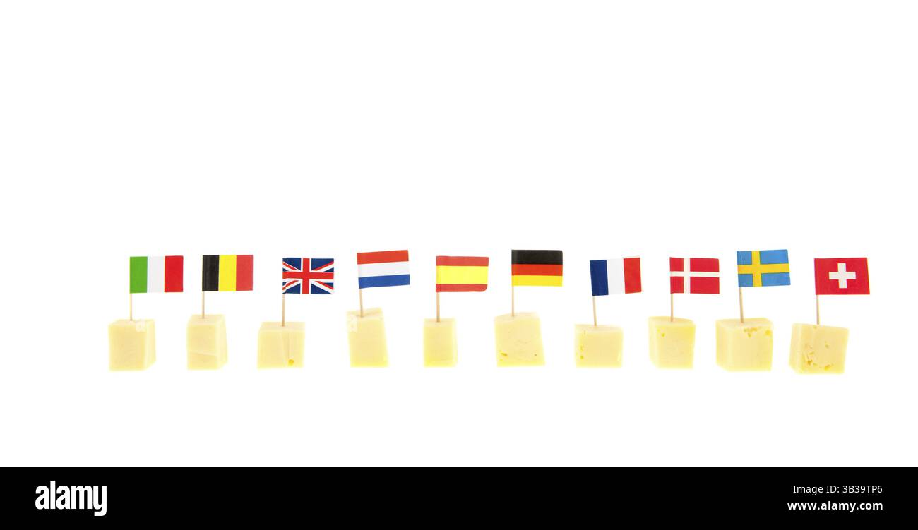 Row cheese cubes with international flags isolated over white ...