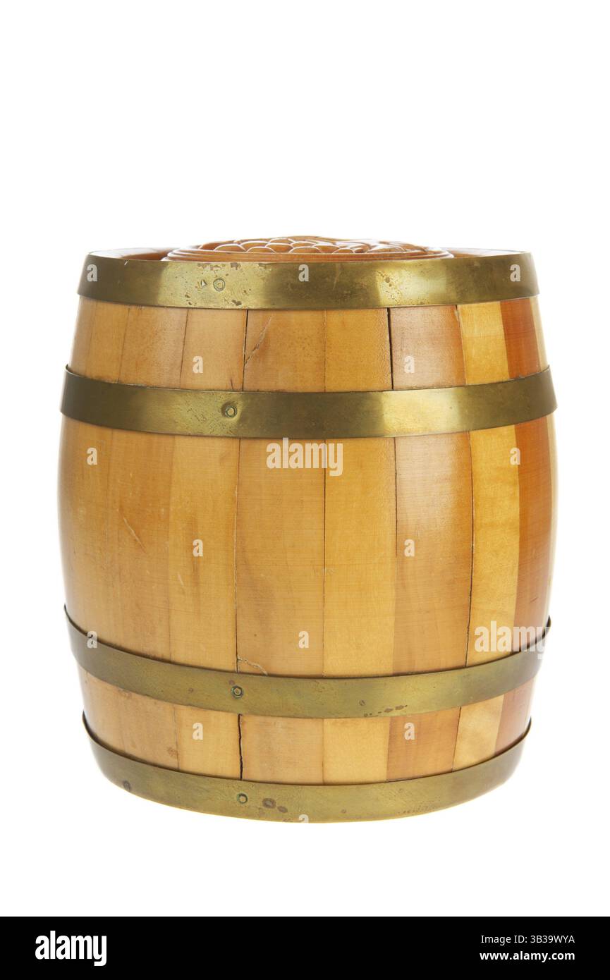 Wooden barrel with copper staves on white background Stock Photo - Alamy