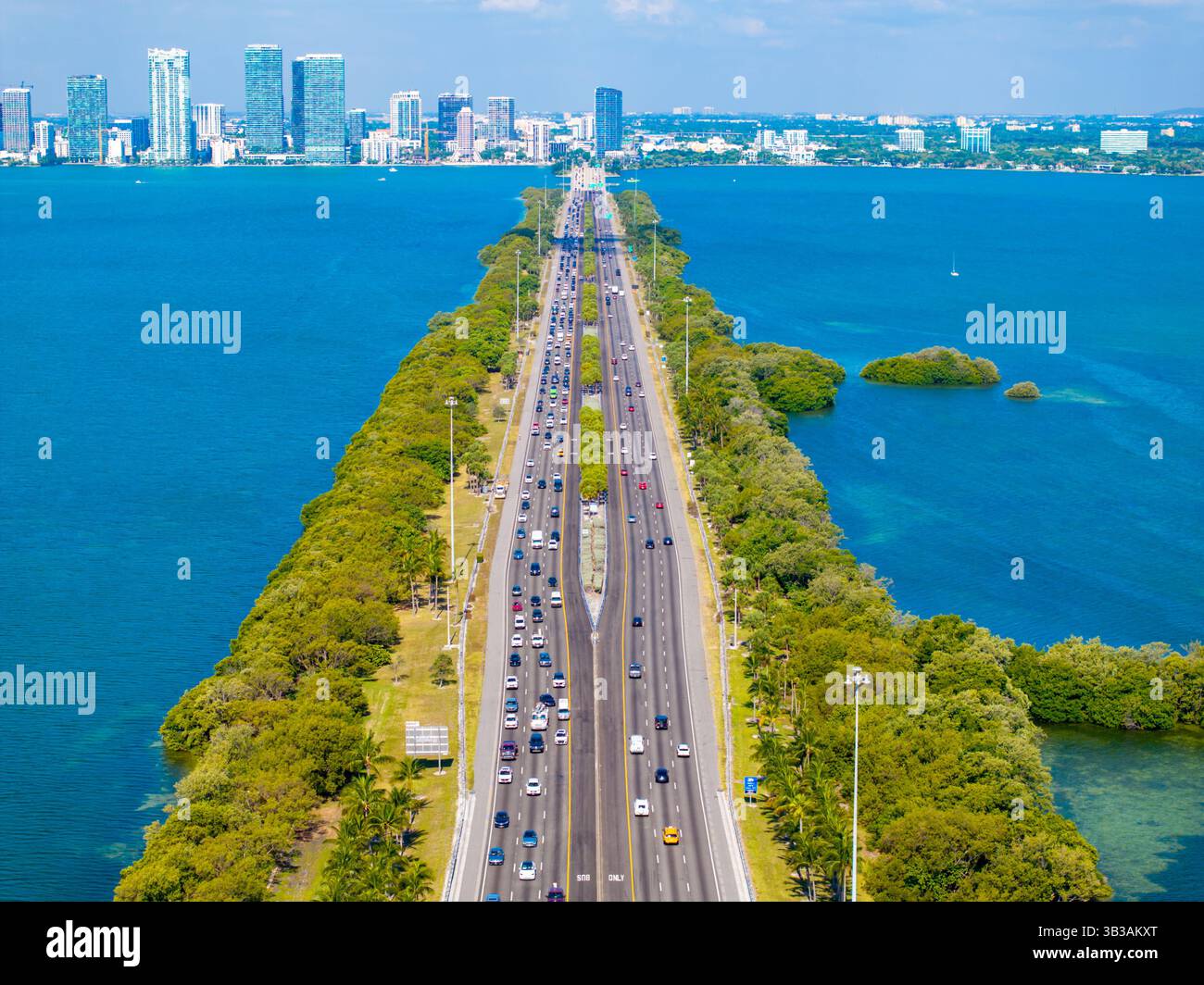 Aerial photo Julia tuttle Causeway Miami with plush vegetation on both ...