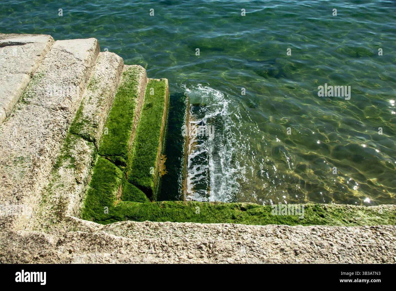 Stone steps covered in green algae lead into clear ocean water with ...