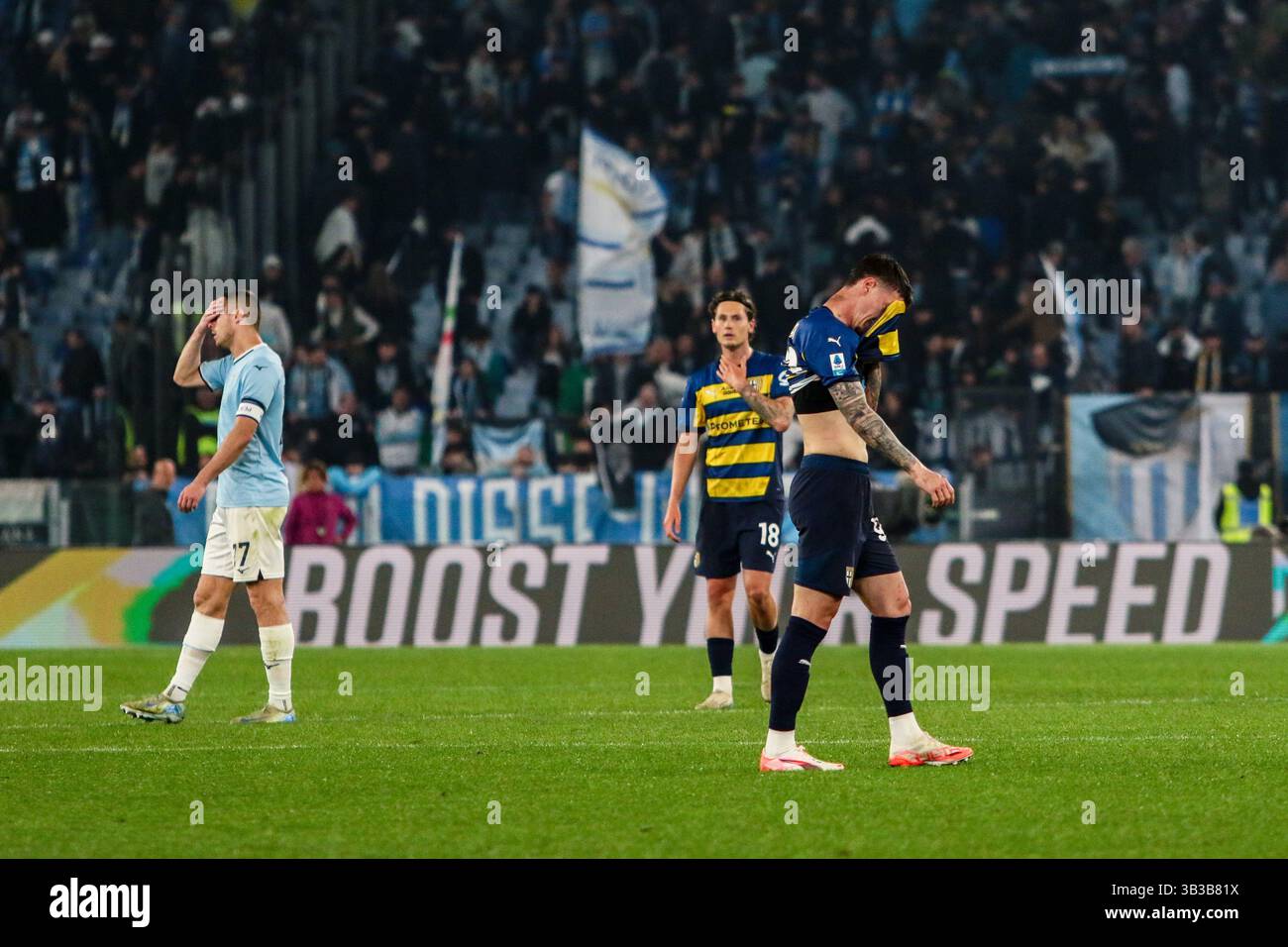 Rome, Italy. 29th Apr, 2025. Adam Marusic of SS LAZIO and Dennis Man of ...