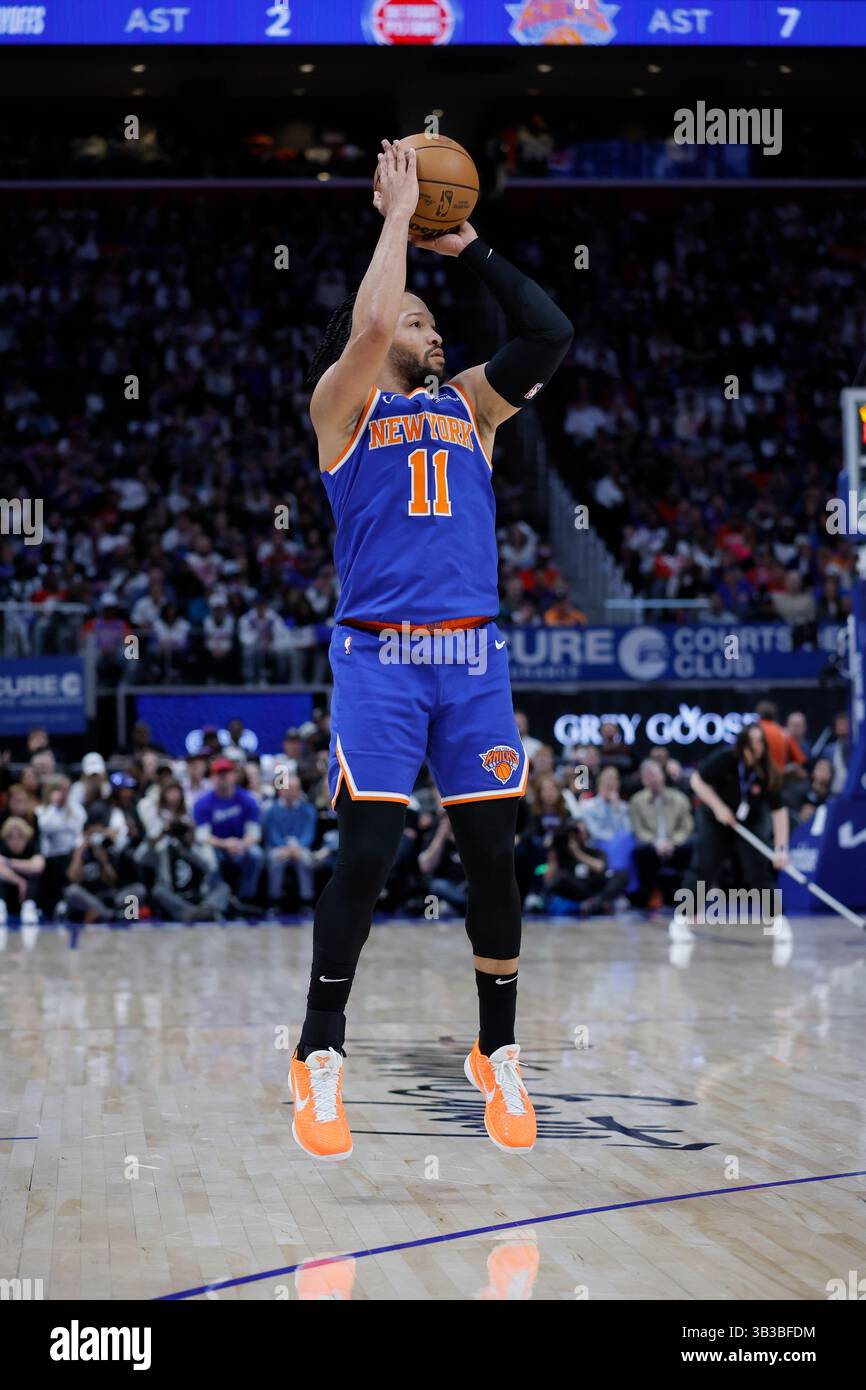 New York Knicks guard Jalen Brunson (11) takes a jump shot against the Detroit Pistons during ...