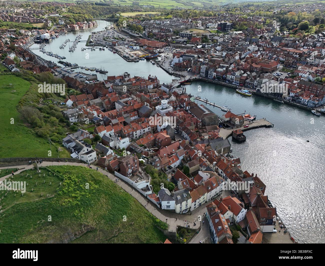 Aerial view of Whitby seaside town and harbour Stock Photo - Alamy
