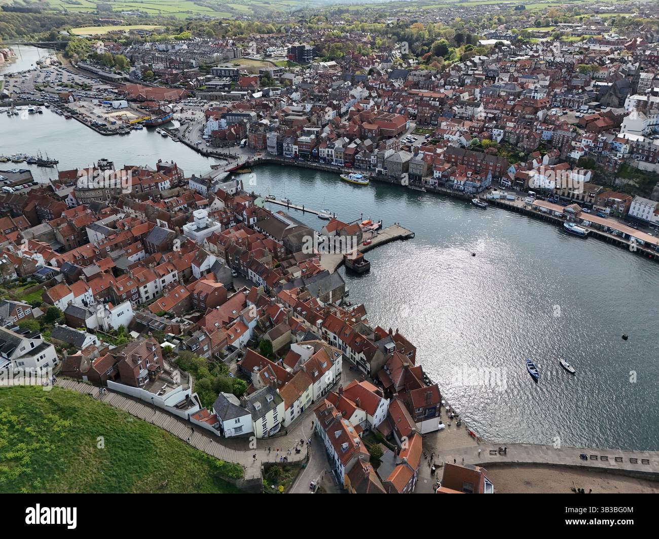 Aerial view of Whitby seaside town and harbour Stock Photo - Alamy