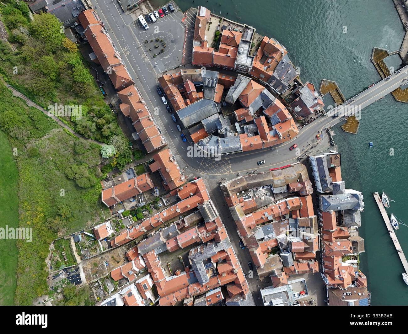 Aerial view of Whitby Swing Bridge, pedestrian and road bridge over the ...