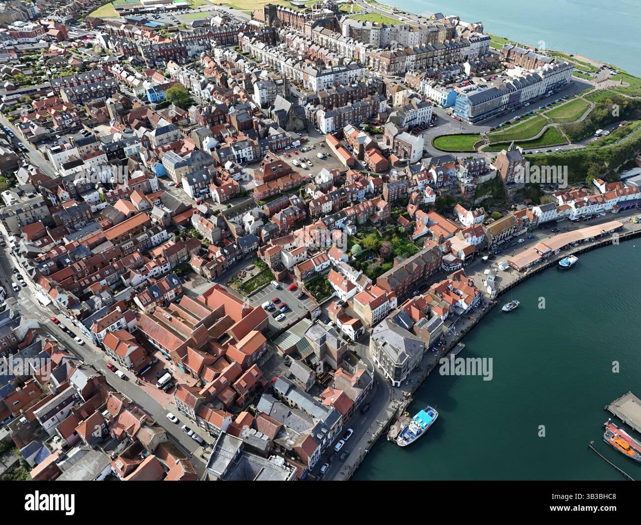 Aerial view of Whitby seaside town and harbour Stock Photo - Alamy
