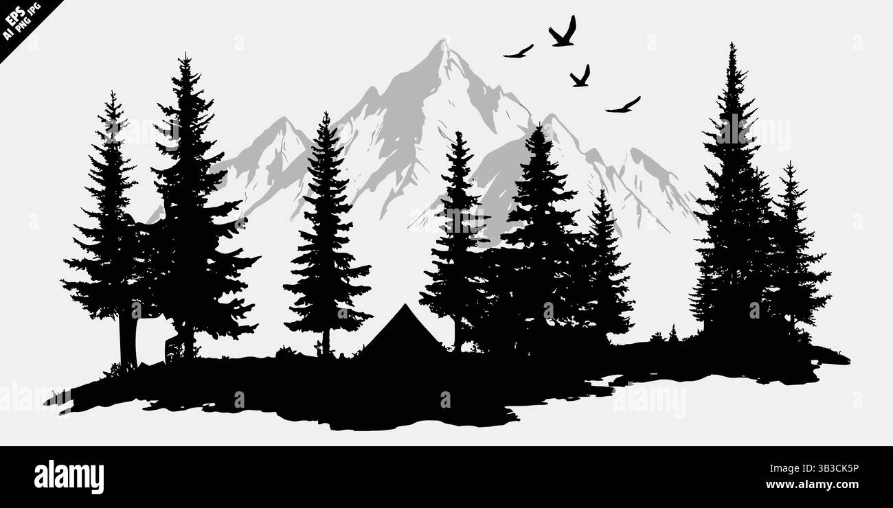 pine tree and mountain silhouette vector with bold outlines and high ...