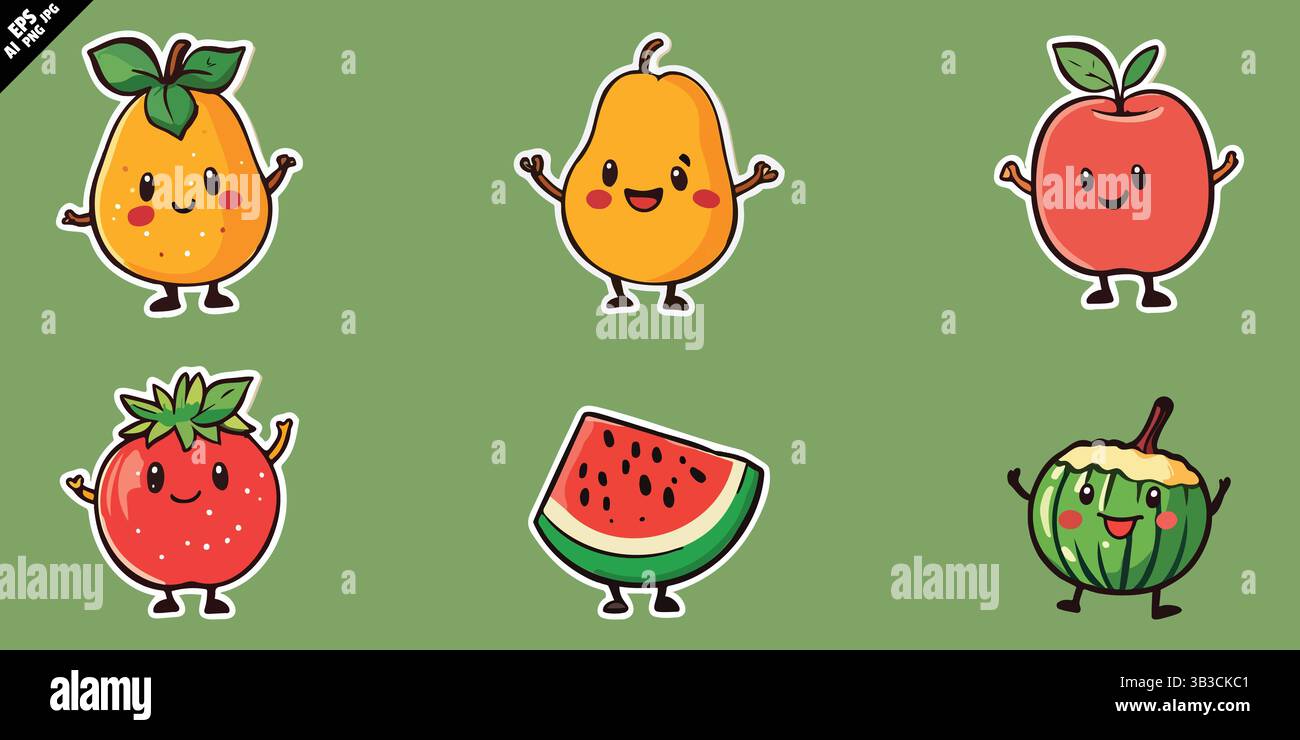 cute cartoon fruit characters collection with smiling faces and flat ...
