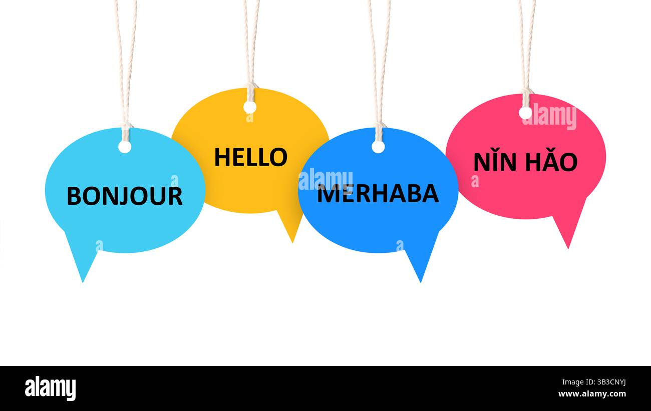 Paper speech bubbles with greetings in different languages hanging on ...