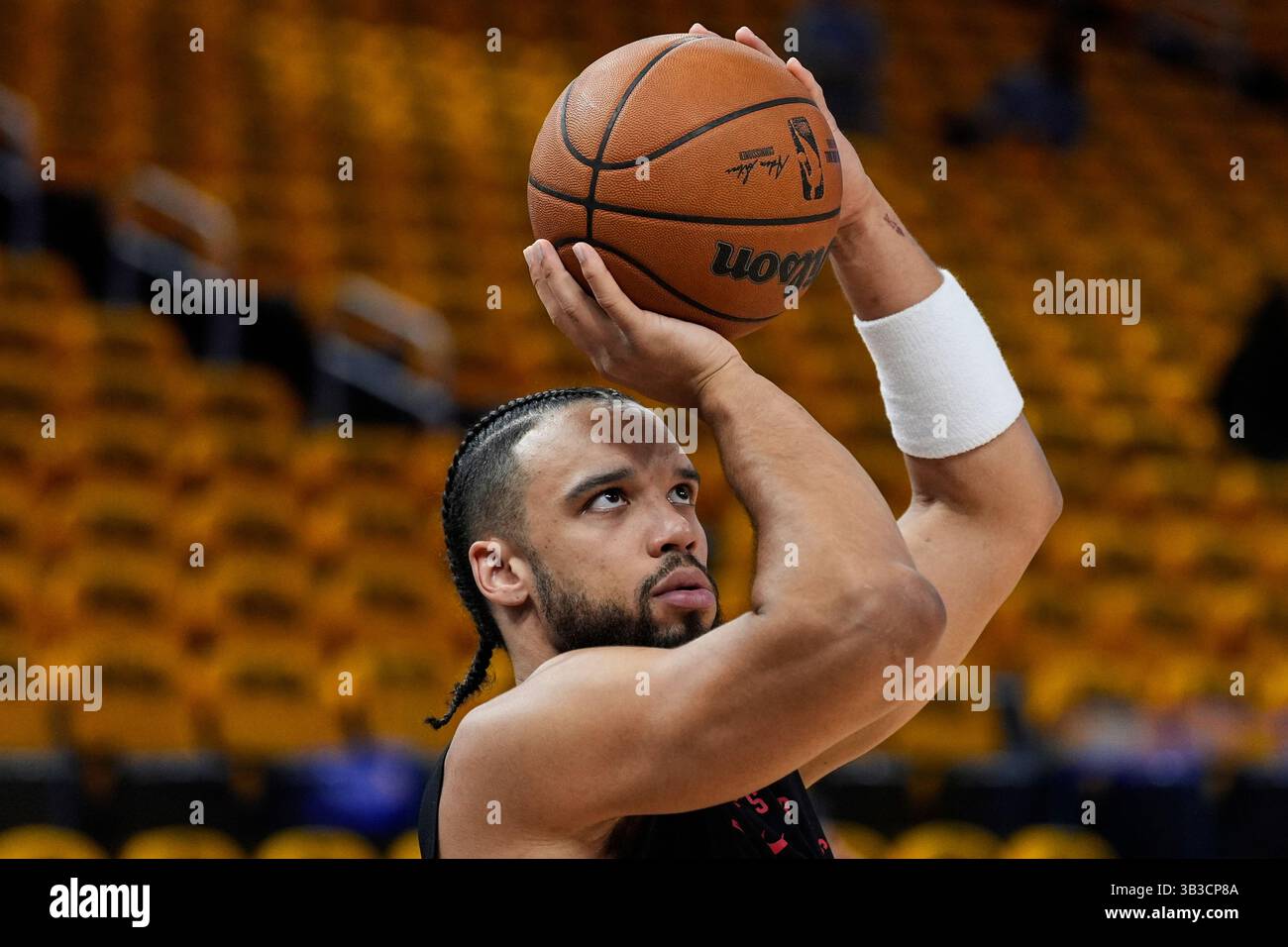 Houston Rockets forward Dillon Brooks warms up before Game 4 of an NBA ...