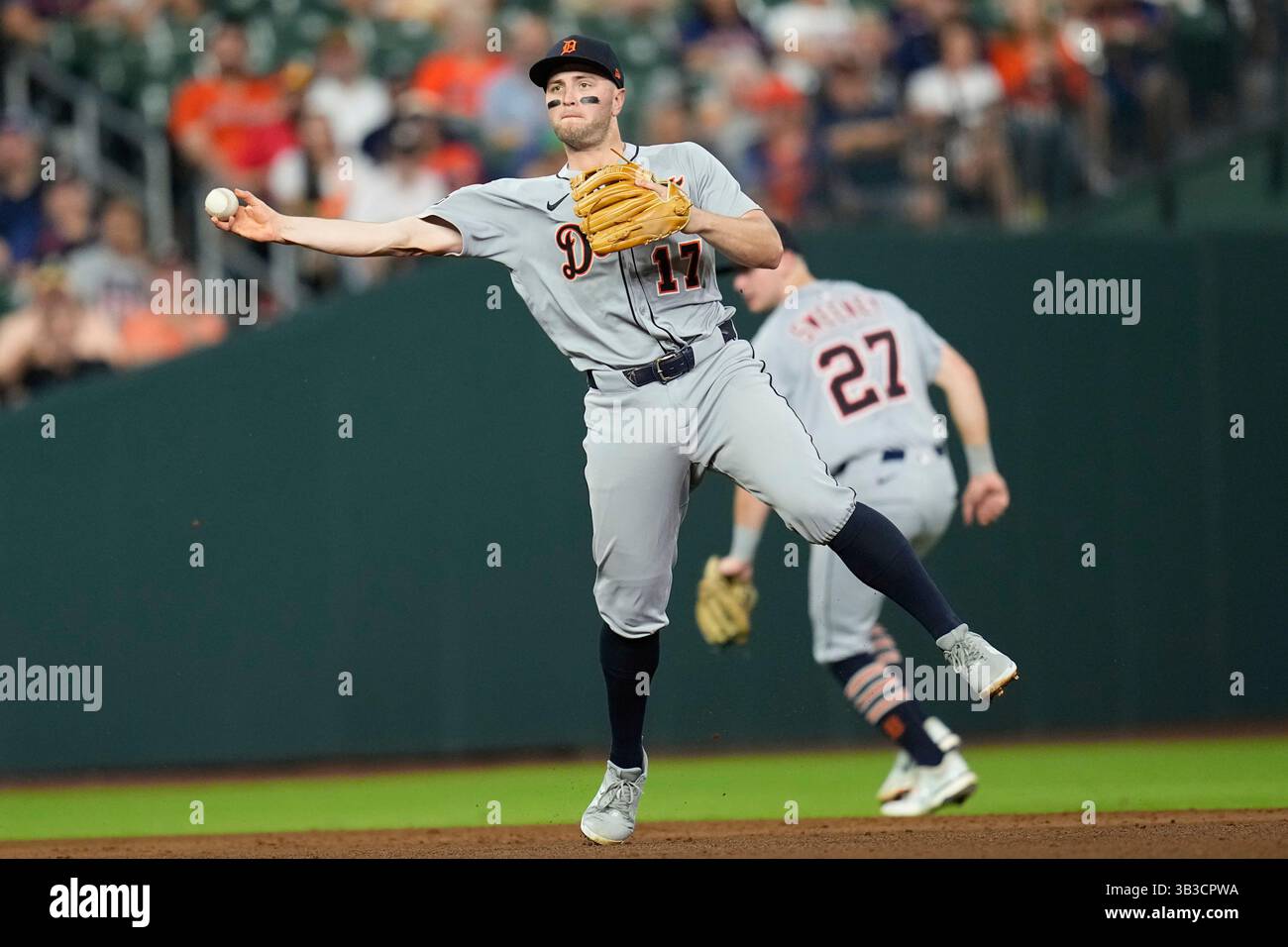 Detroit Tigers third baseman Jace Jung throws to first after fielding a ...