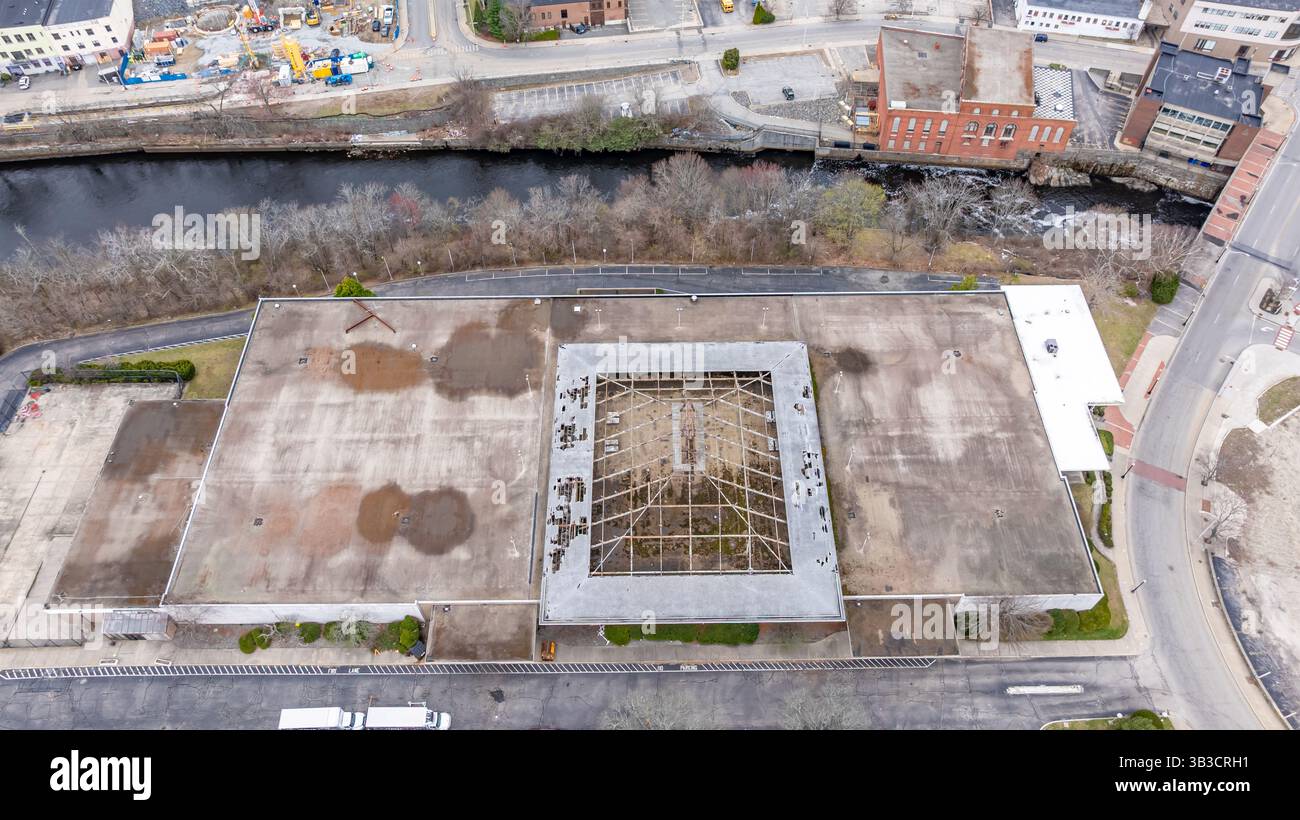 Pawtucket RI - 4/5/2025: Aerial view of visible structure steel left ...