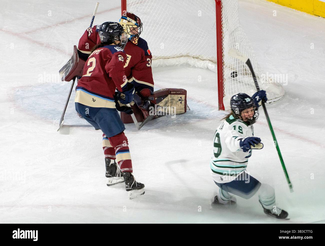 Laval, Canada. 28th Apr, 2025. Boston Fleet's Hannah Bilka (19) scores ...