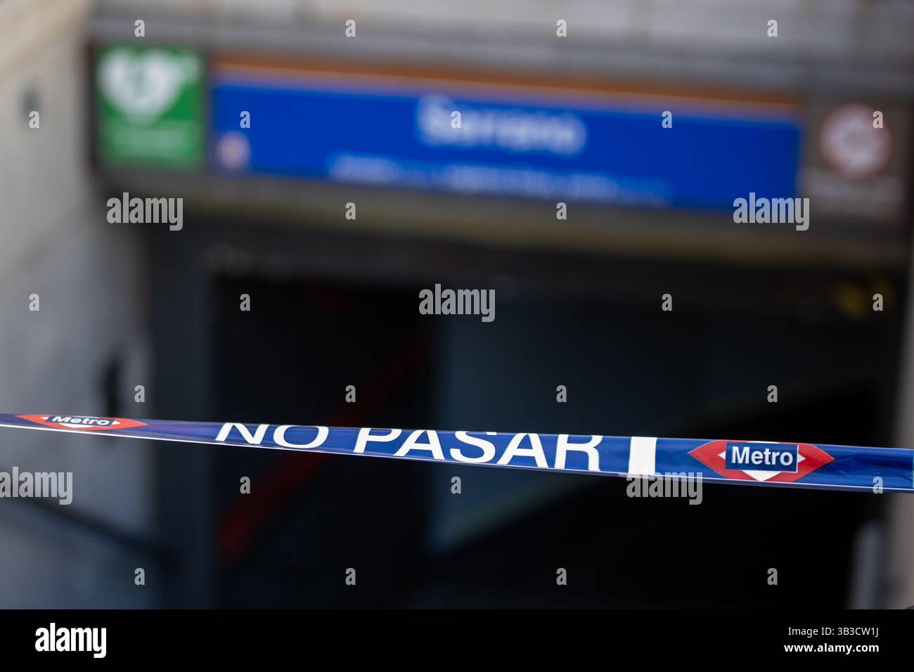 Madrid, Spain. 28th Apr, 2025. Tape prohibits entry to a metro station ...