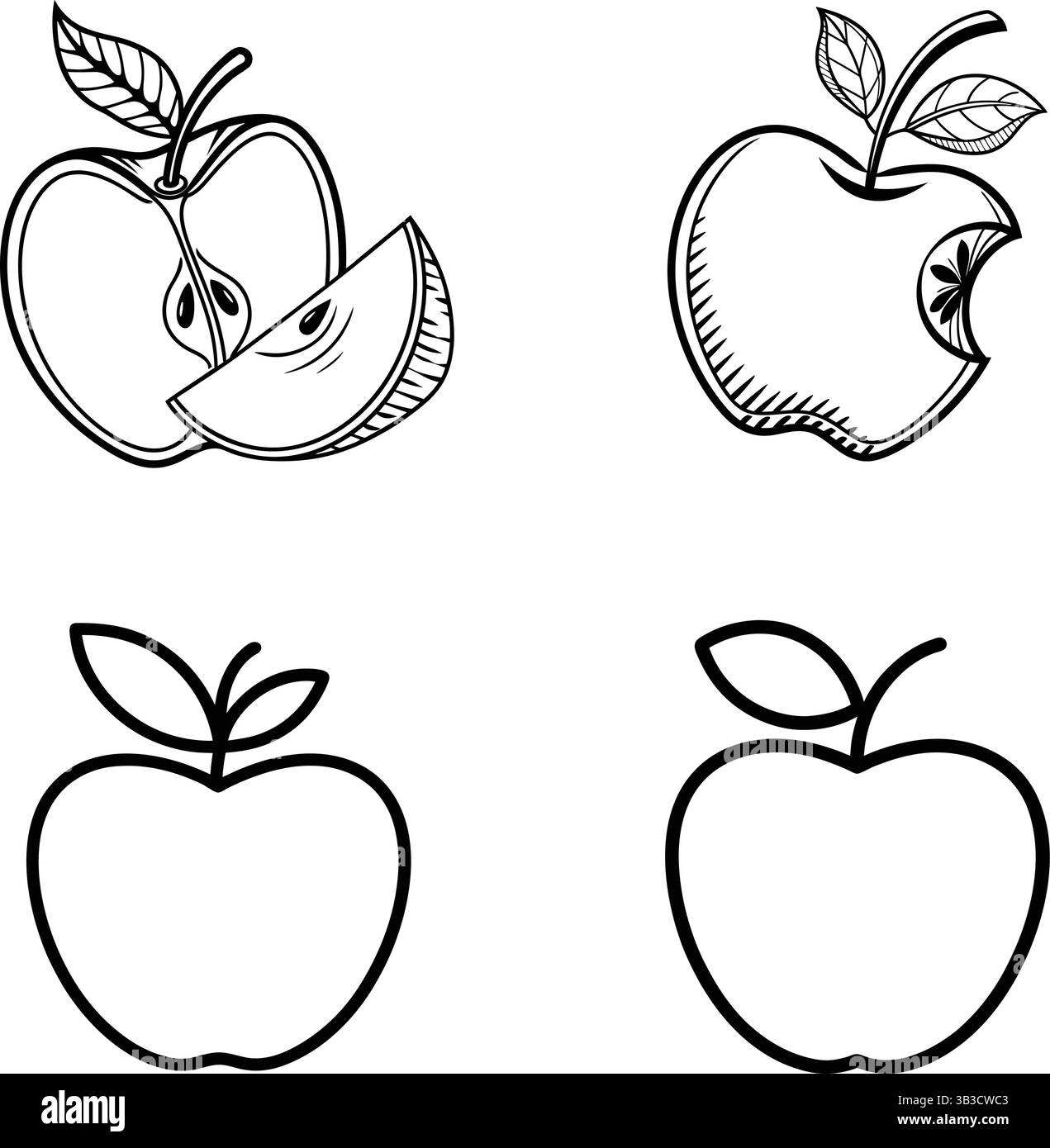 Apple Line Art Vector Set Outline Fruit Icons for Design SVG Coloring ...