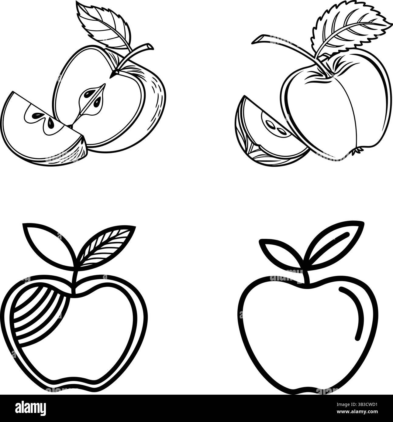 Apple Line Art Vector Set Outline Fruit Icons for Design SVG Coloring ...