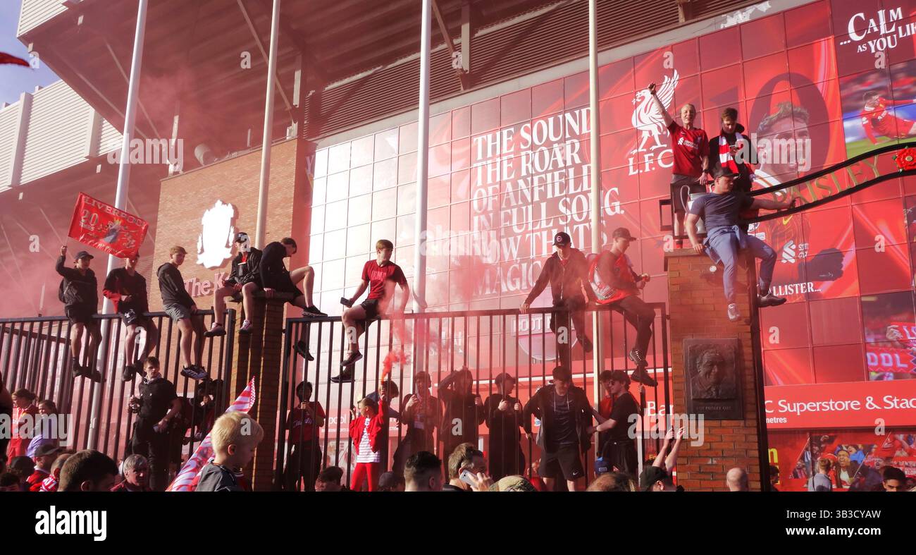 Liverpool fans celebrate winning the Premier League title outside ...