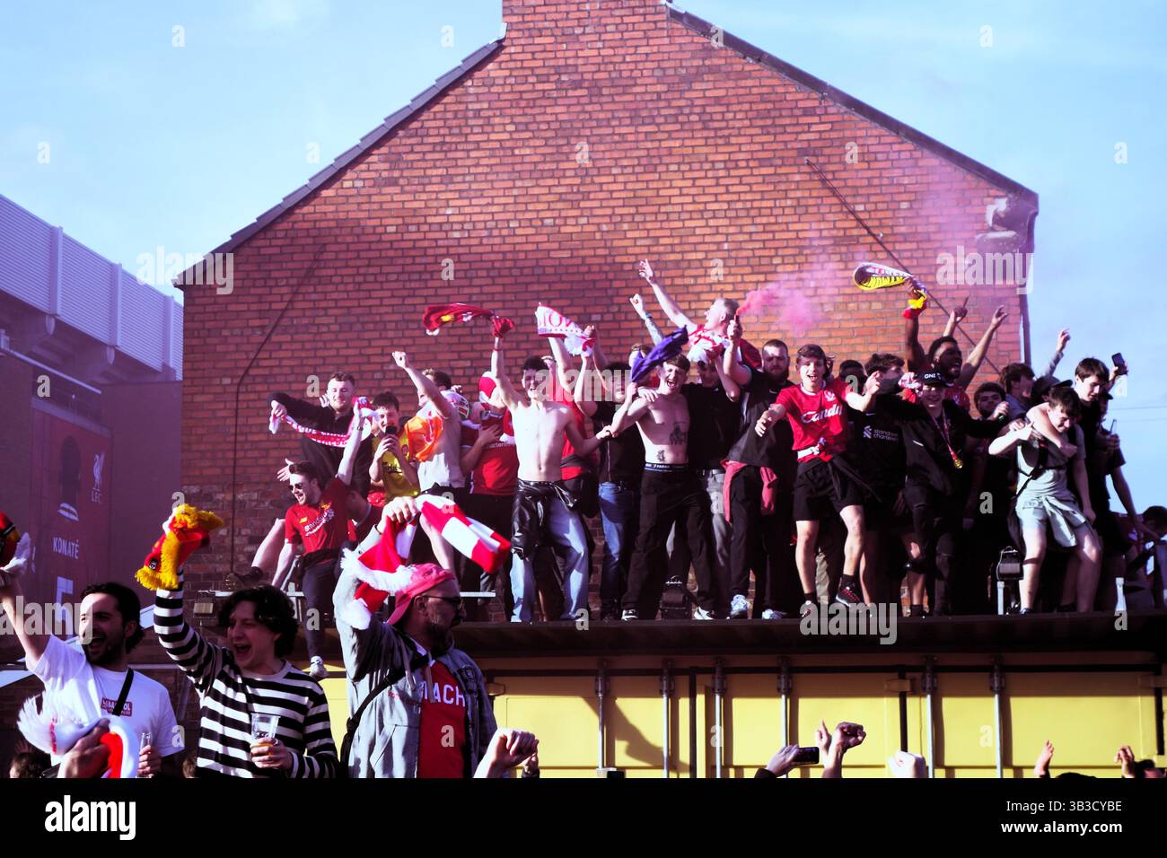 Liverpool fans celebrate winning the Premier League title outside ...