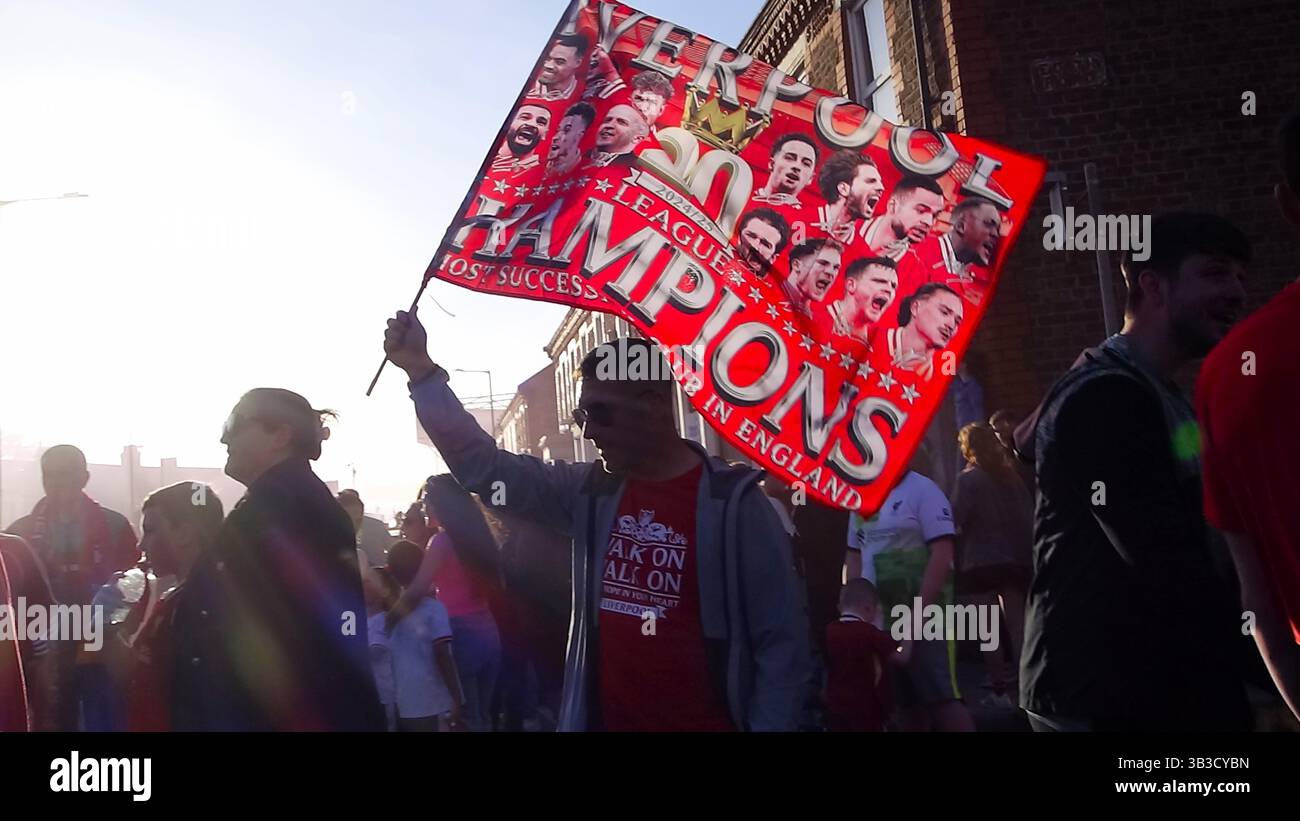 Liverpool fans celebrate winning the Premier League title outside ...