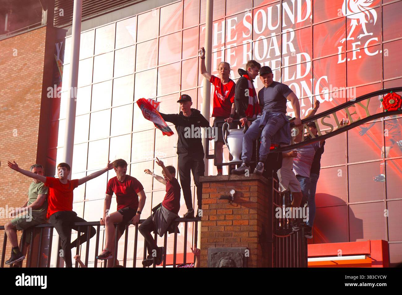 Liverpool fans celebrate winning the Premier League title outside ...