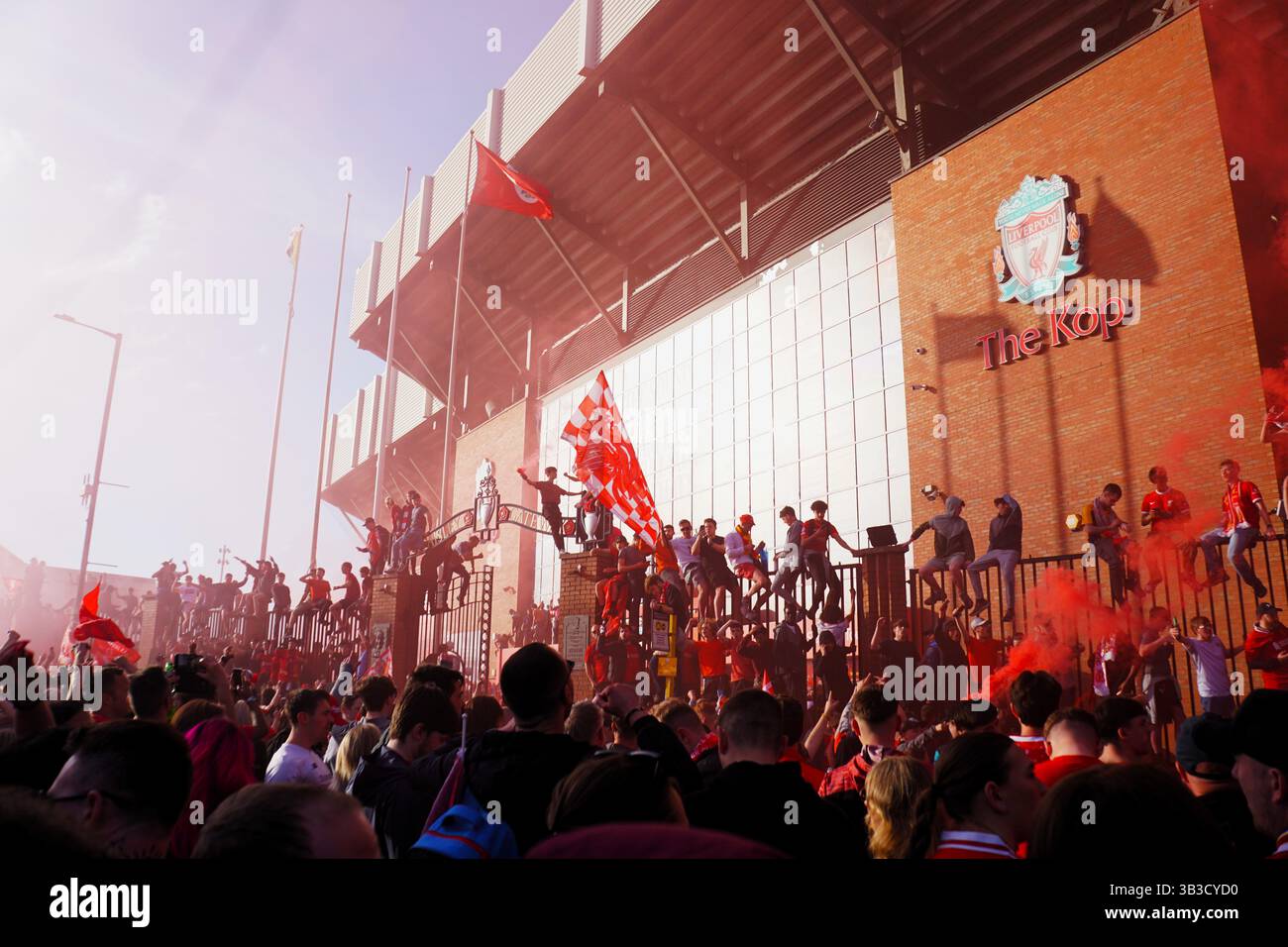 Liverpool fans celebrate winning the Premier League title outside ...