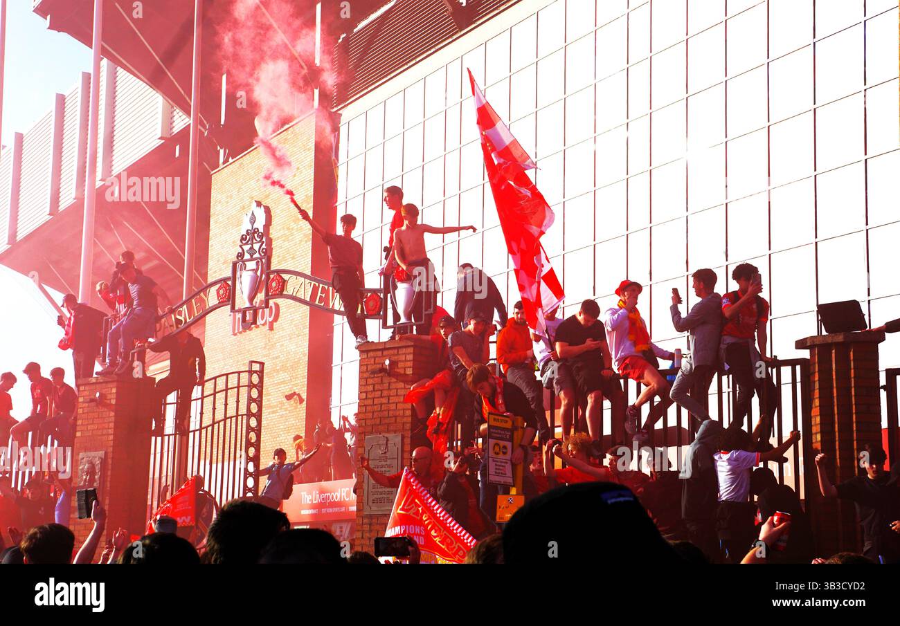 Liverpool fans celebrate winning the Premier League title outside ...