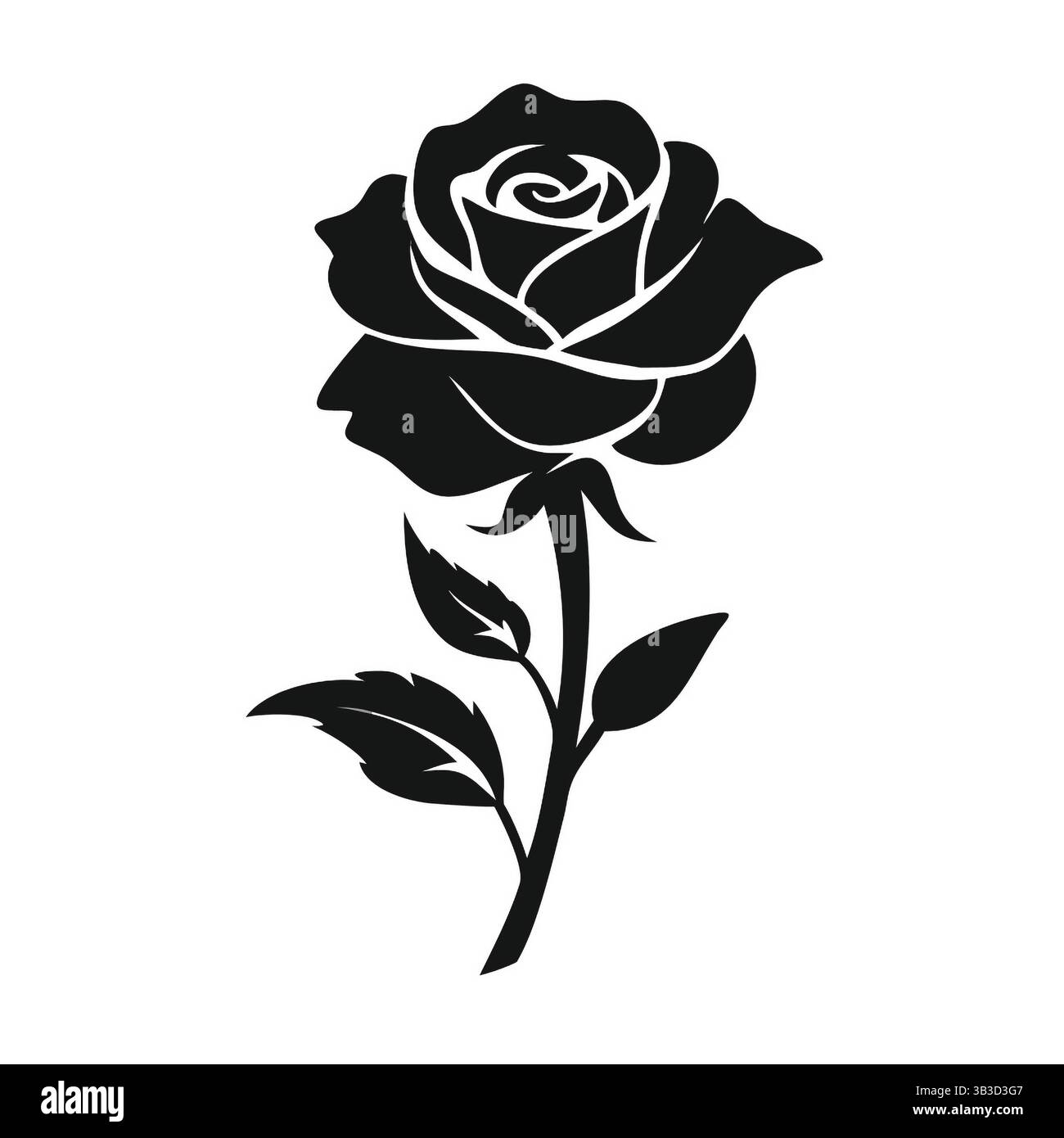 Black Rose Silhouette – Detailed Petals, Slender Stem, Curved Leaves ...