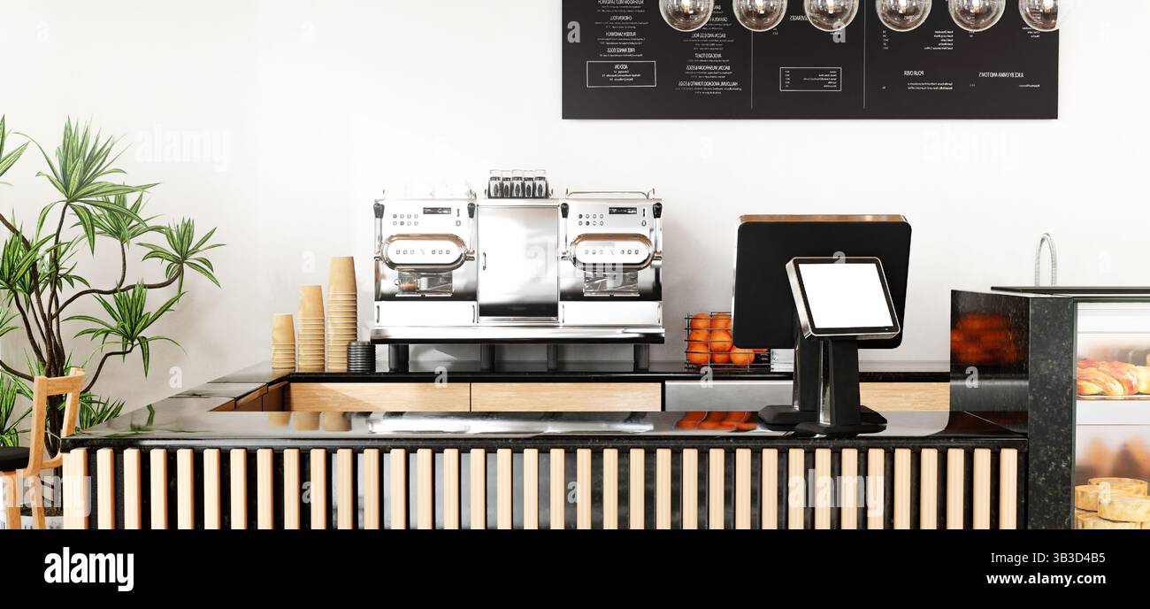 Coffee Shop Counter with Espresso Machines and Display Case, 3D render ...