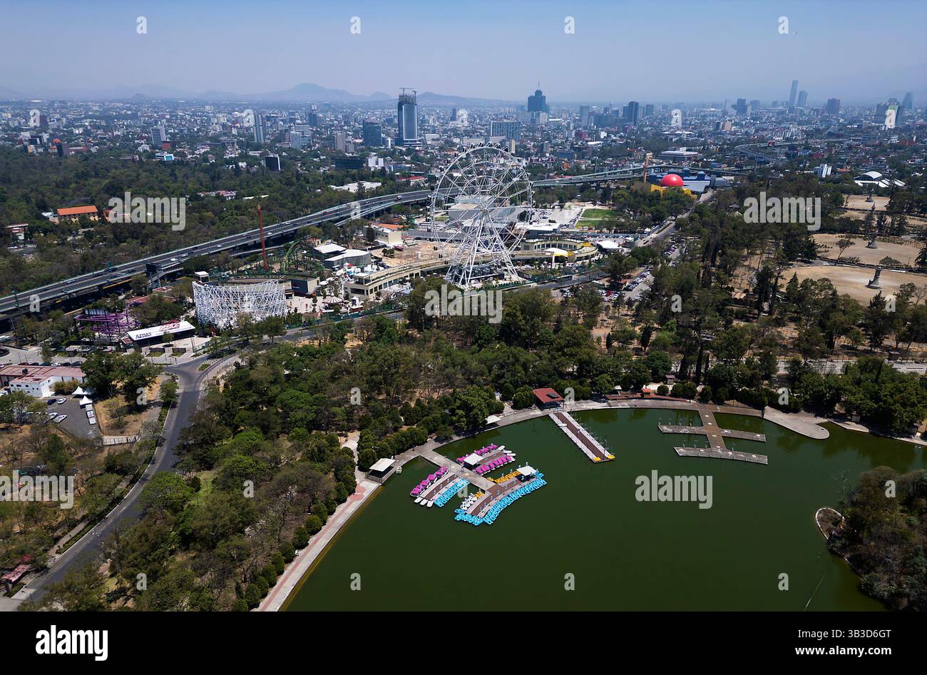 Aerial view of Mexico City from Chapultepec Park with ferris Wheel eye ...