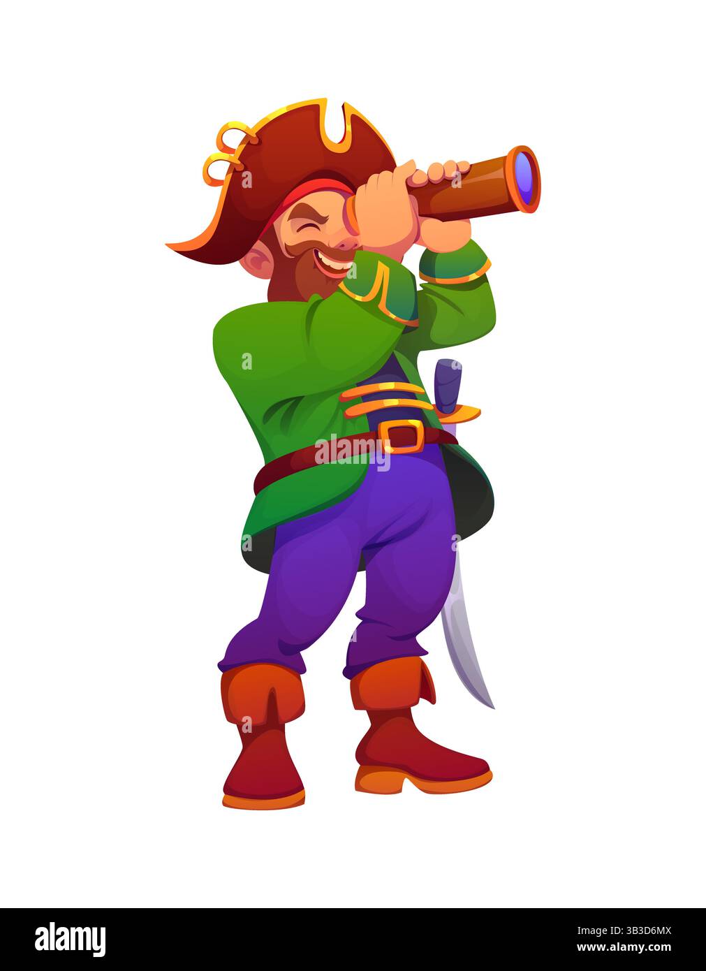 Cartoon pirate corsair character peers intently through a spyglass. Isolated vector sea sailor ...