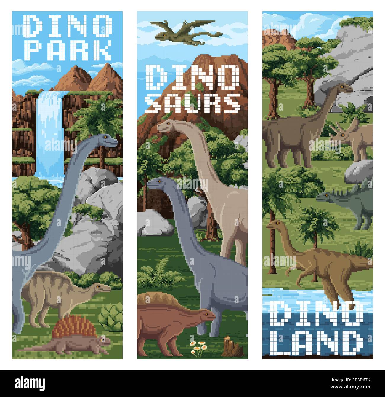8 bit pixel art prehistoric dinosaurs and Jurassic lizards in jungle ...