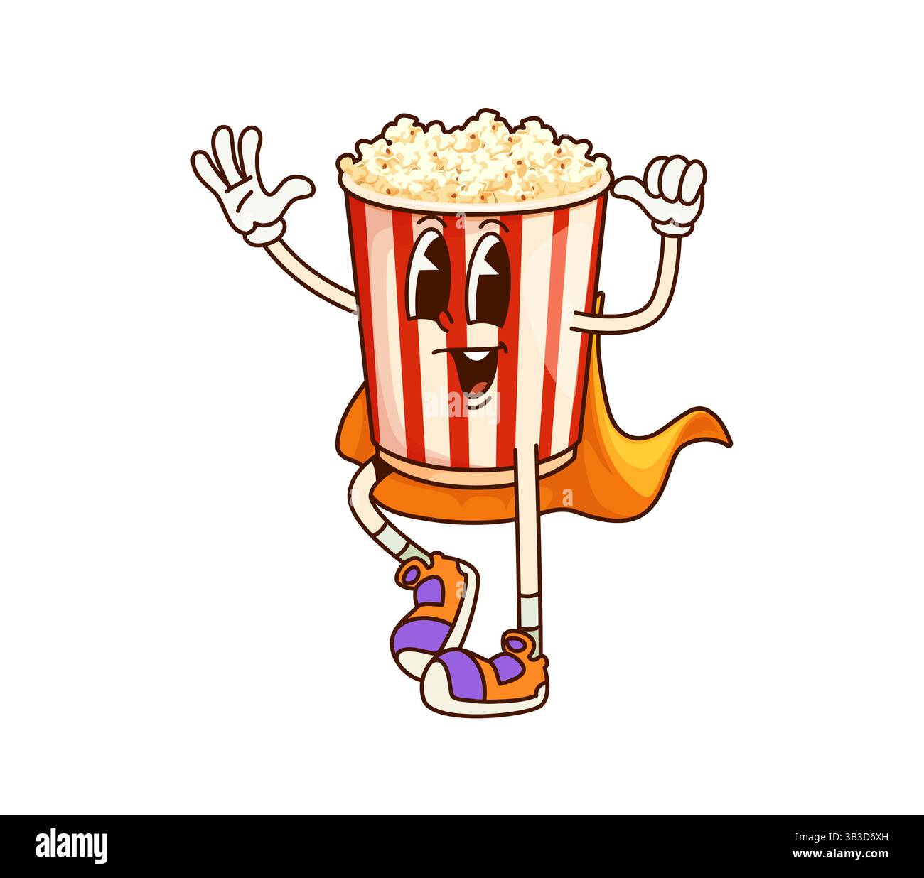 Cartoon groovy popcorn bucket fast food character wearing superhero or ...
