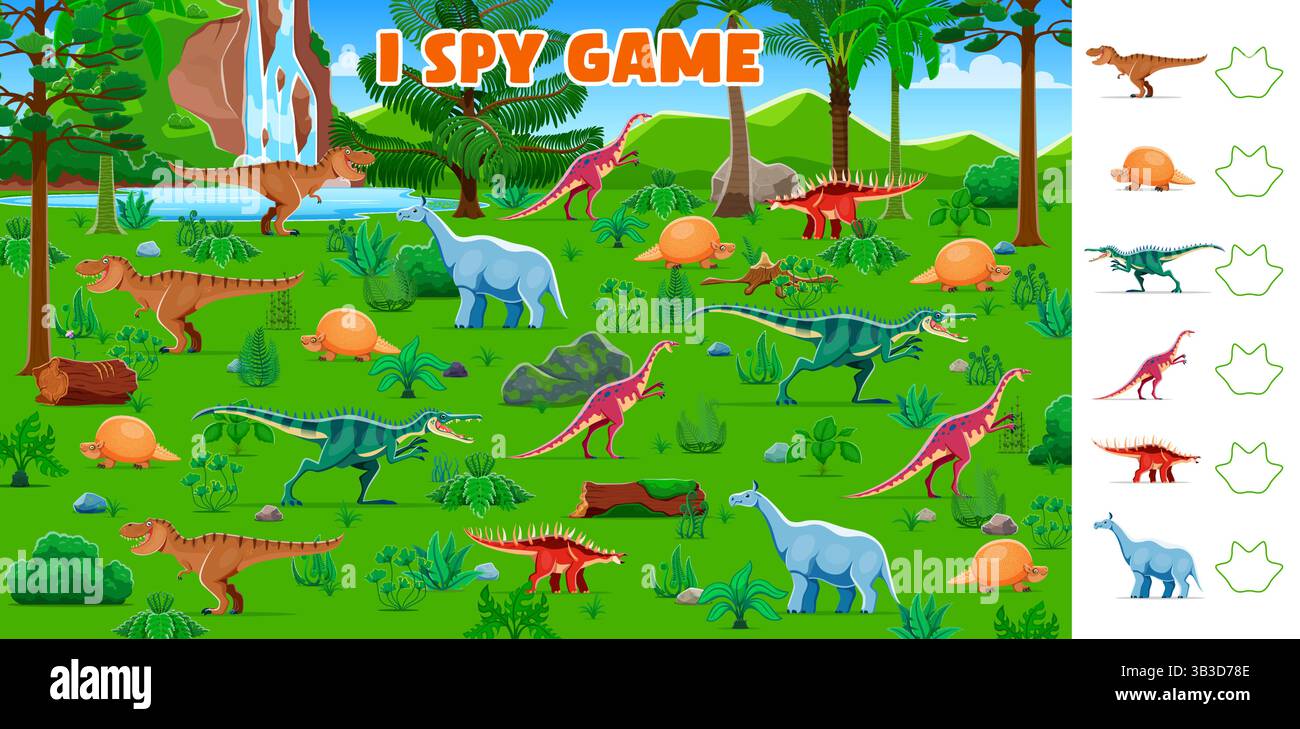I spy game with prehistoric dinosaurs for kids puzzle worksheet, vector ...