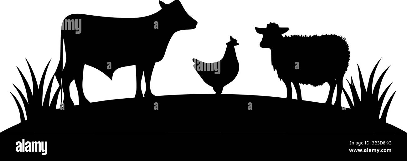 Farm animals silhouette vector illustration featuring cow chicken and ...