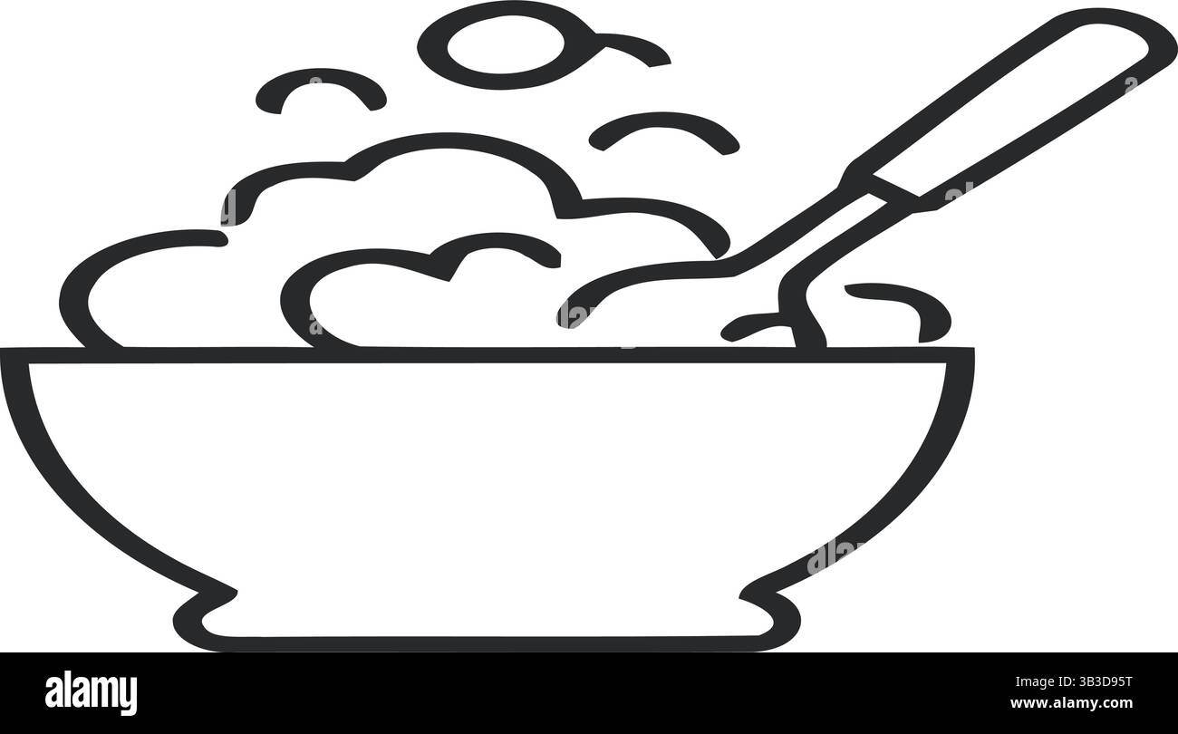 Line Drawing of a Bowl of Food with Spoon and Steam Details Stock ...
