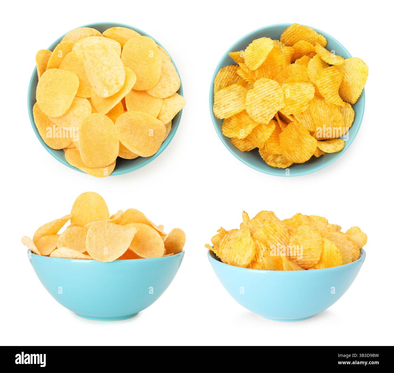 Delicious crispy potato chips in bowl isolated on white, collage. Top ...
