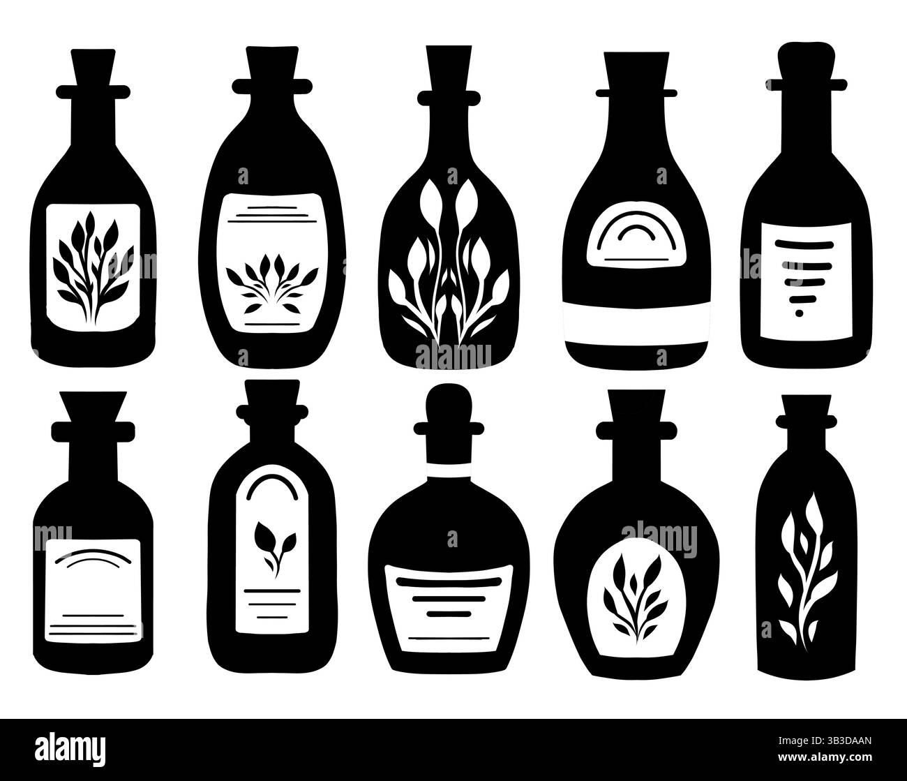 Vector set of black silhouette potion bottles with decorative plant ...