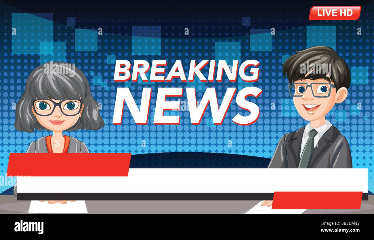 Vector illustration of animated news anchors in a studio setting ...