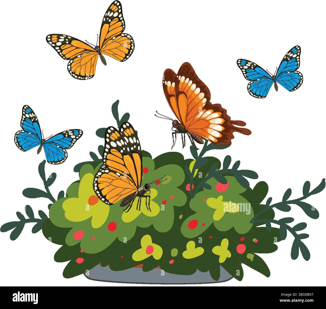 Vibrant butterflies flutter around lush green foliage, showcasing a ...