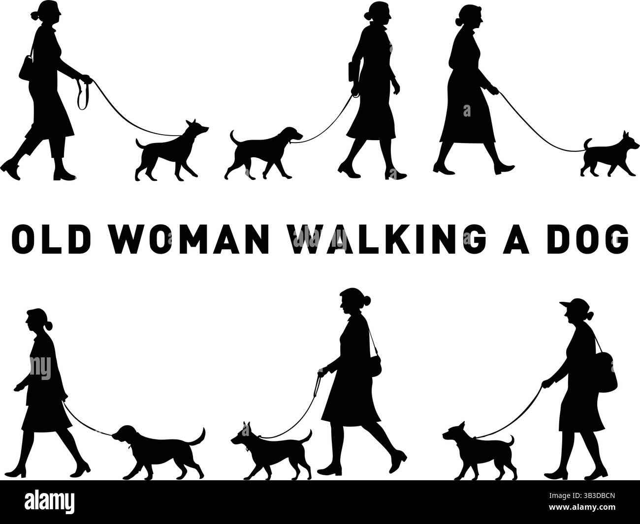 set of old person walking dog. people with dog walking. old man woman ...